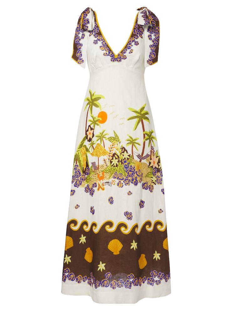 ALEMAIS Alemais Island Cove Linen Midi Dress in Cream