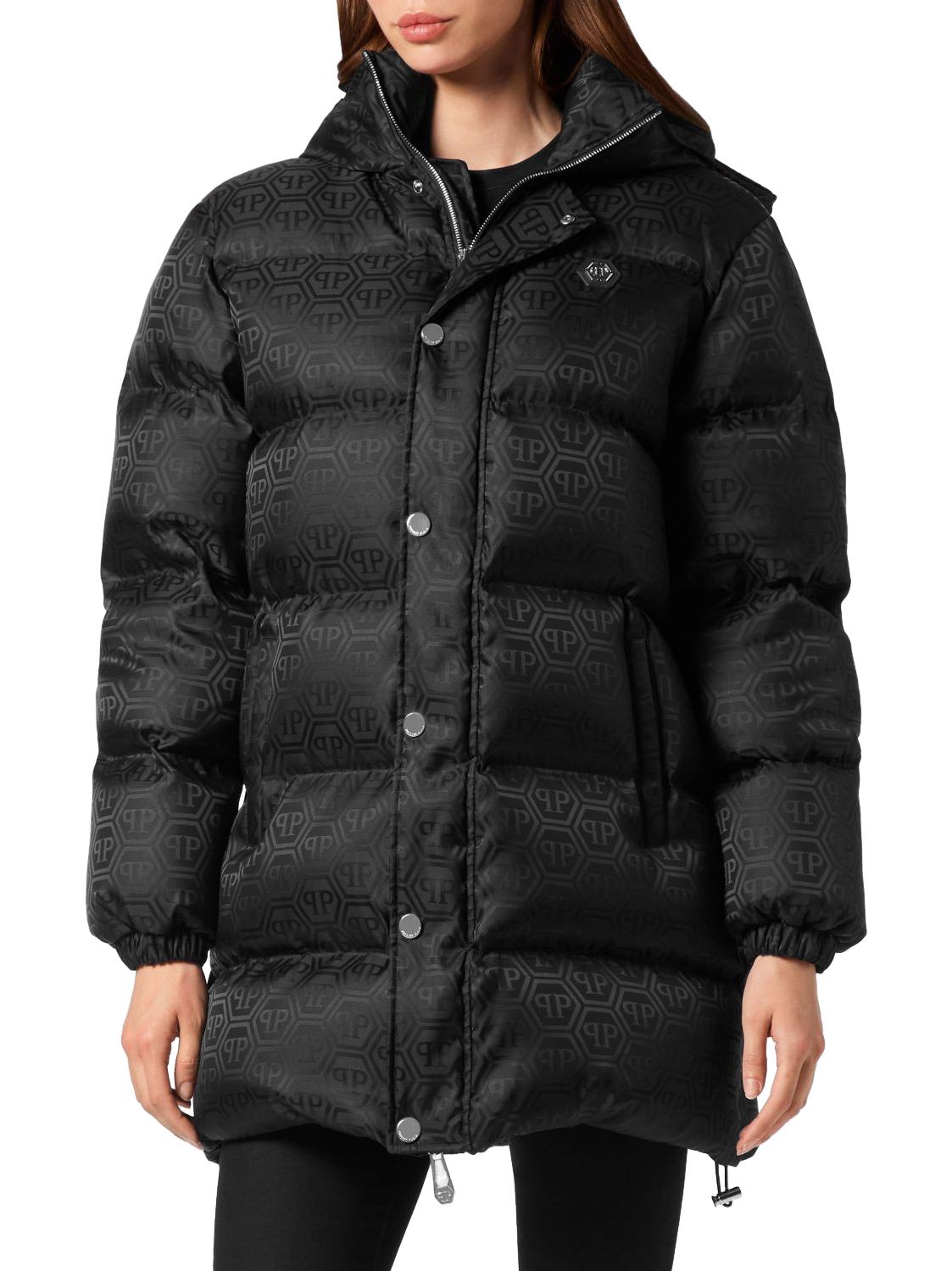 PHILIPP PLEIN Philipp Plein Black Cotton Canvas Down Coat with Rhinestone Logo