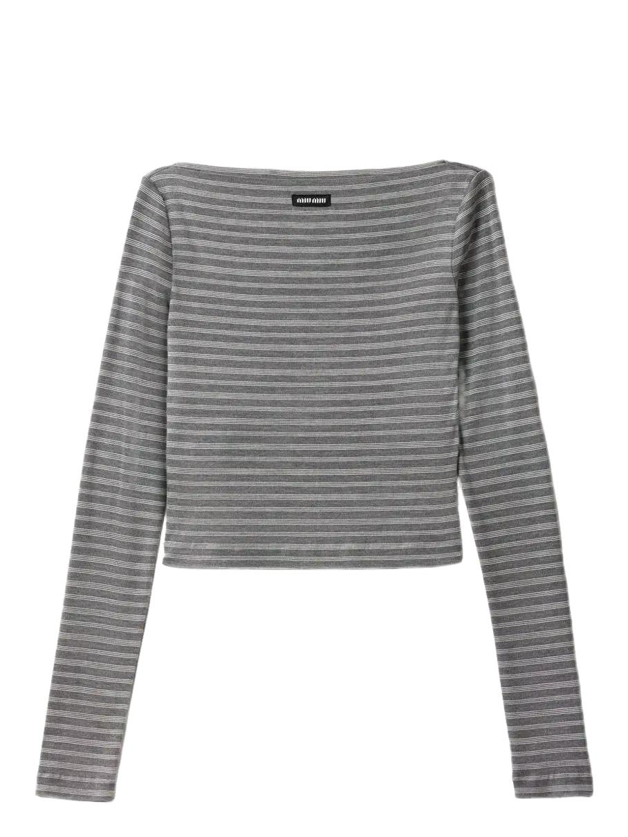 MIU MIU Miu Miu Striped Jersey Boat Neck Long Sleeve Top