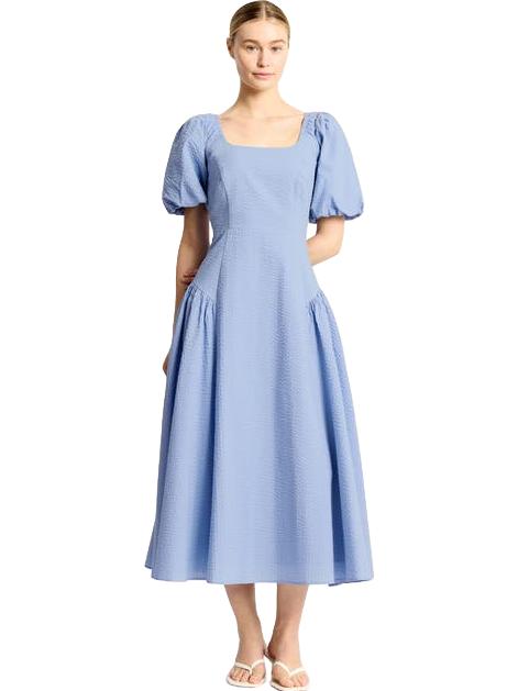 ALBARAY Albaray Seersucker Square Neck Puff Sleeve Tiered Midi Dress