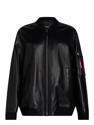 DSQUARED2 Ovine Leather Bomber Jacket with Knitted Trims