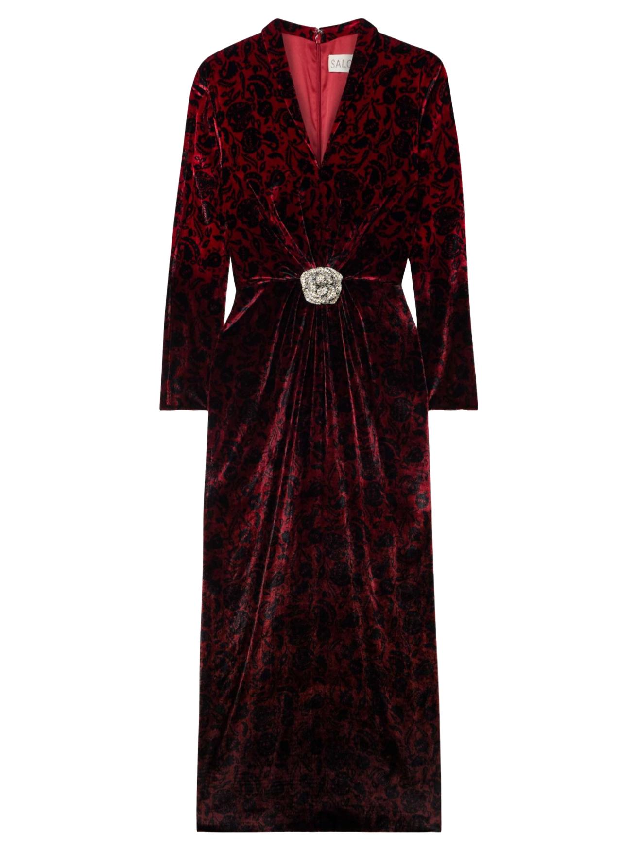 SALONI Saloni Gathered Printed Velvet Midi Dress