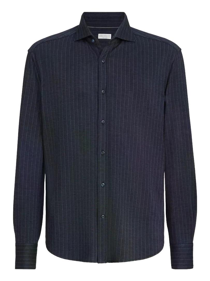BRUNELLO CUCINELLI virgin wool, silk and cotton chalk stripe piqué shirt with spead collar