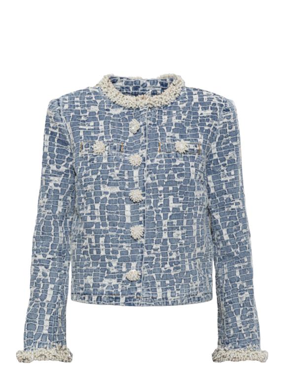 SELF-PORTRAIT Self-Portrait Textured Denim Jacket with Pearl Embellishments