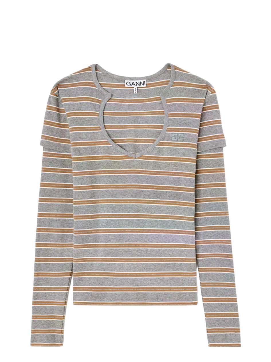 GANNI GANNI Striped Cut-Out V-Neck Long Sleeve Top