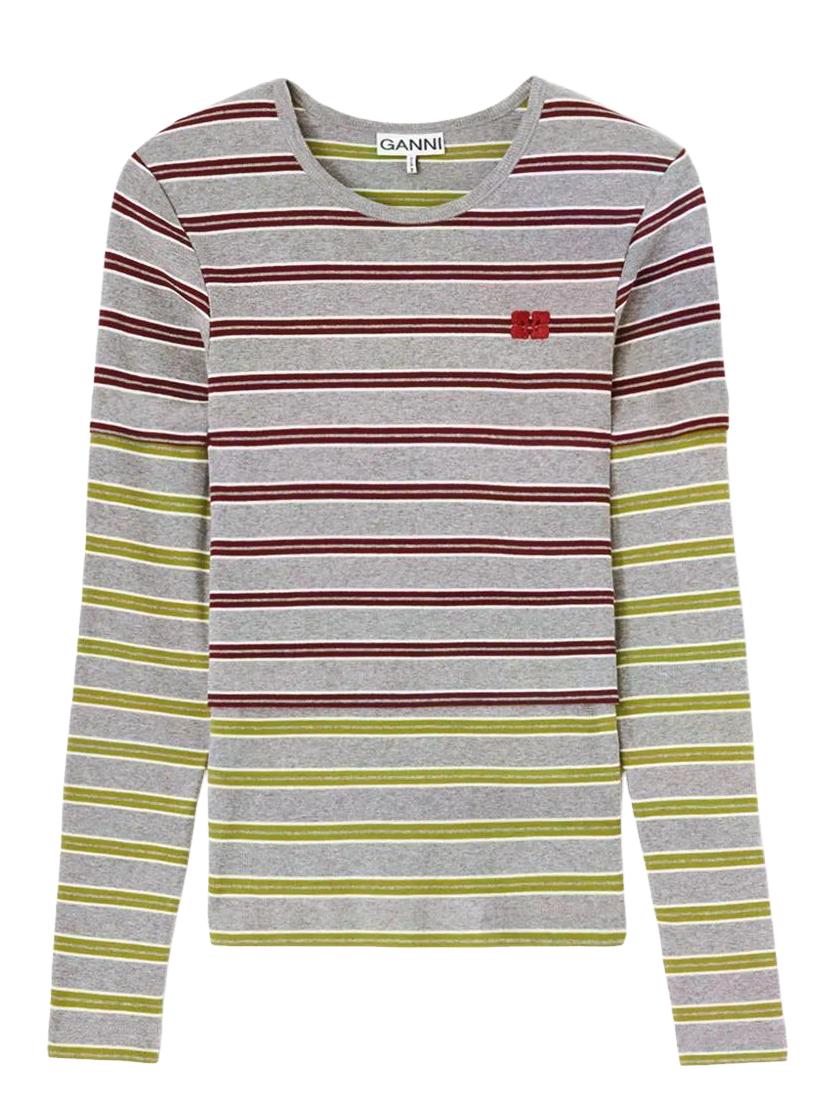 GANNI GANNI Long-Sleeve Top with Double Stripe Pattern and Logo Patch