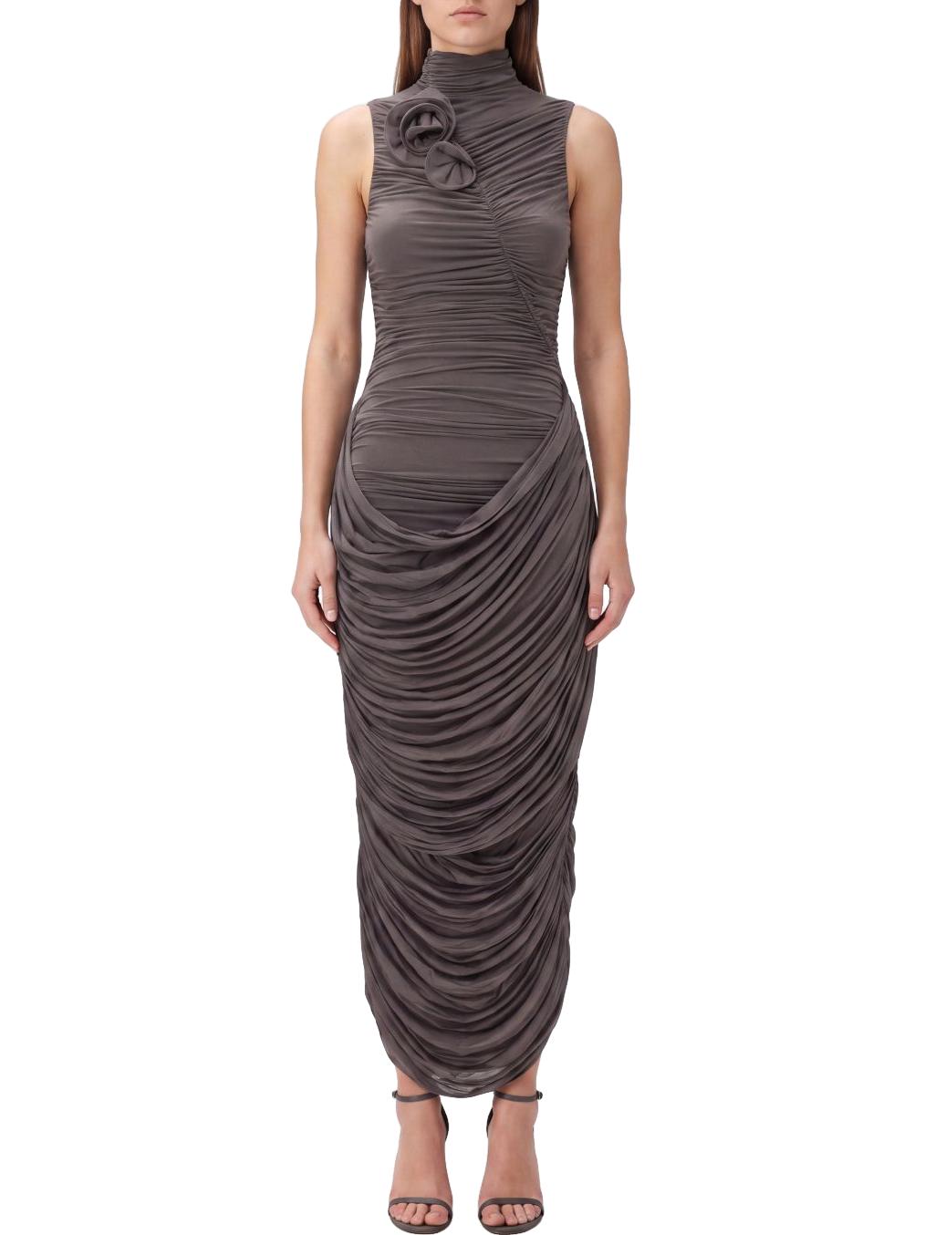 MAGDA BUTRYM Magda Butrym Off-the-Shoulder Ruched Jersey Sheath Midi Dress with Flower Appliqué