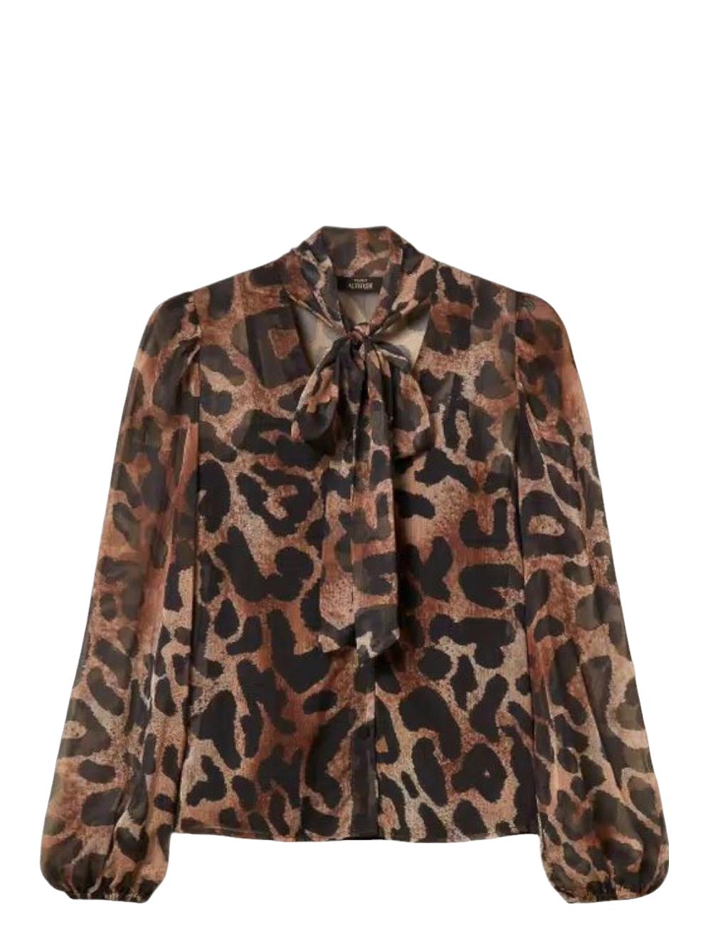 TWINSET Twinset Animal Print Sheer Bow Tie Neck Long Sleeve Shirt