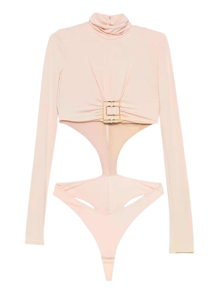 ELISABETTA FRANCHI Elisabetta Franchi Long Sleeve Cut-Out Bodysuit with Logo Plaque