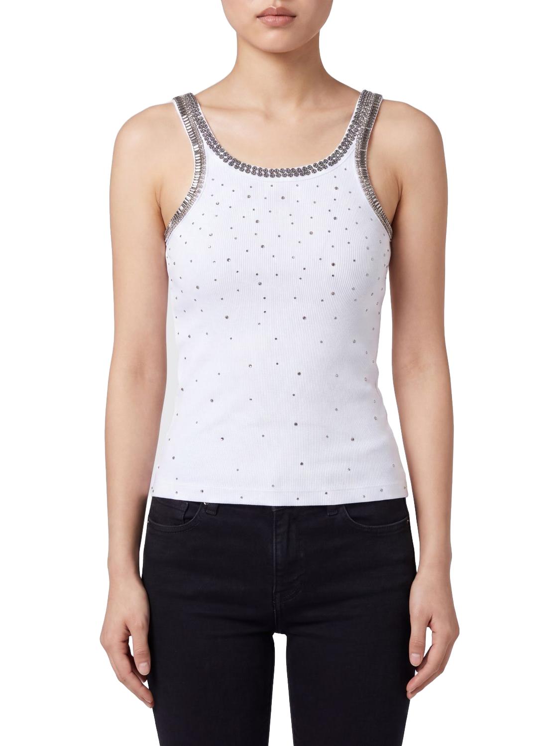 PINKO Pinko Slim Fit Stretch-Cotton Top with Rhinestone Embroidery