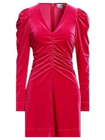 GANNI Ganni Velvet Gathered V-Neck Long Sleeve Dress