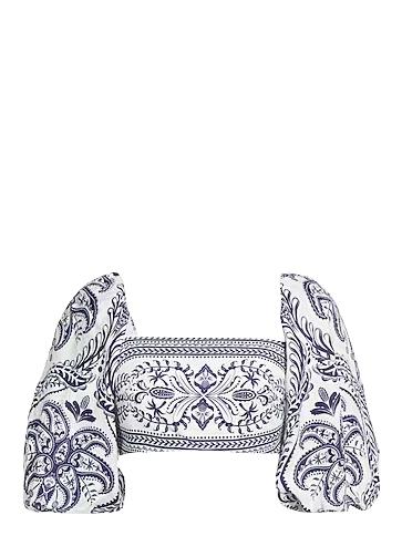 FARM RIO Farm Rio Paisley Print Linen Crop Top with Square Neckline and Shirred Back