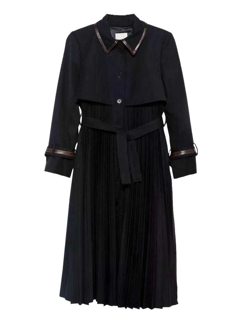 SANDRO SANDRO Pleated Leather-Trim Trench Coat