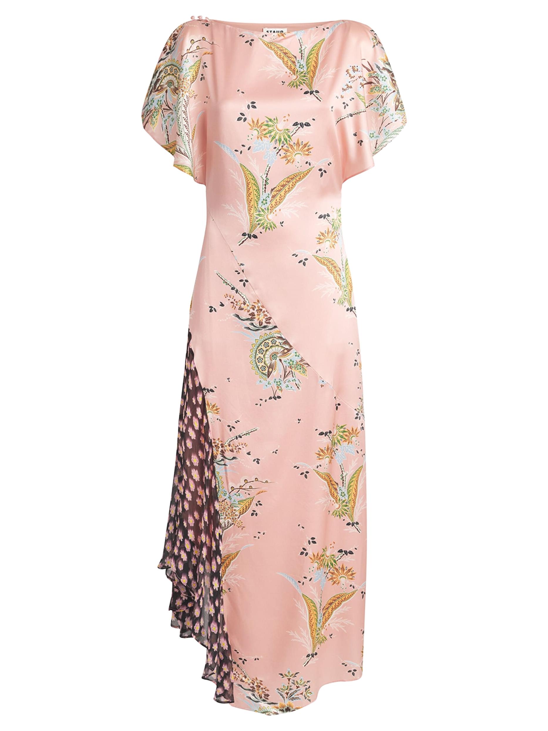 STAUD Staud Fawn Silk Blend Midi Dress with Floral Print and Draped Panel