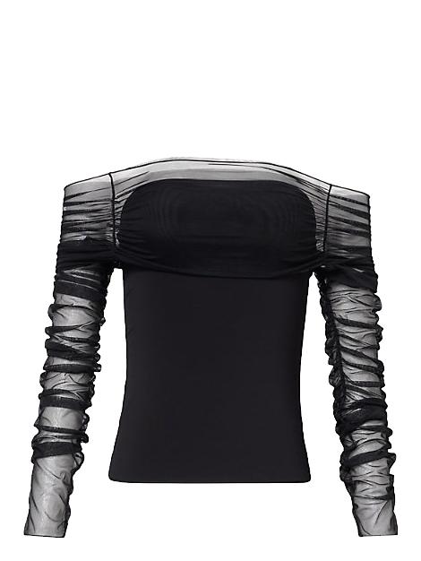 NENSI DOJAKA Nensi Dojaka Off-Shoulder Ruched Mesh Top
