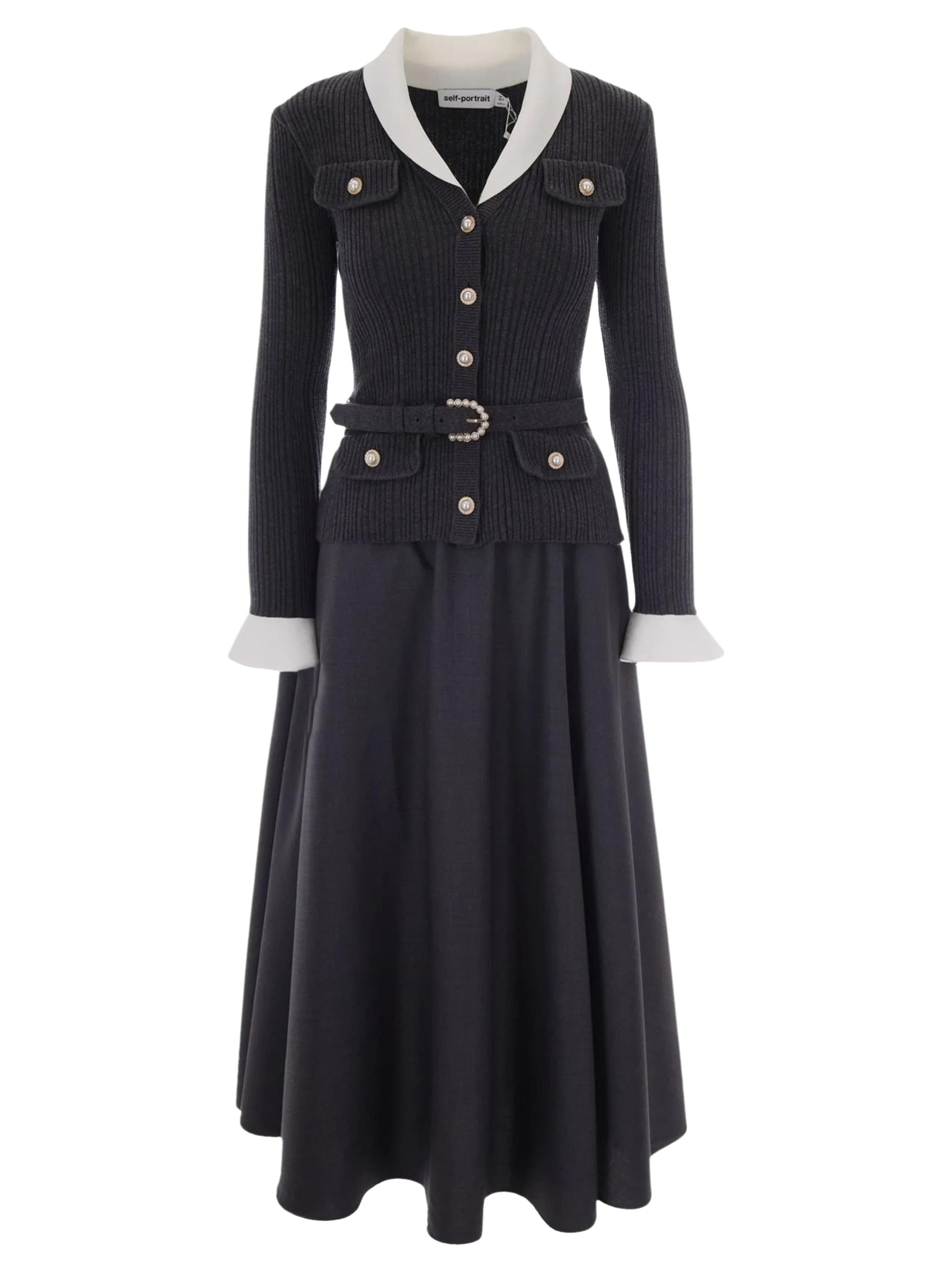 SELF-PORTRAIT SELF-PORTRAIT Contrast Collar Belted Knit Midi Dress