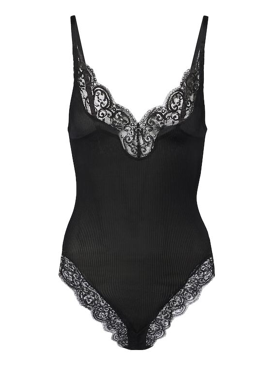 SAINT LAURENT Saint Laurent Lace-Trimmed Ribbed-Knit Silk Bodysuit