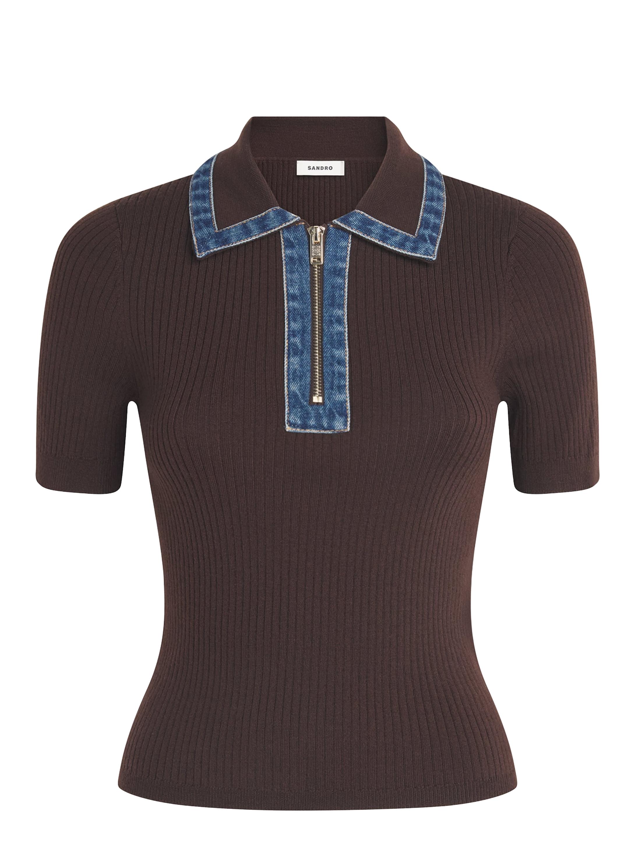 SANDRO Sandro Paris Knitted Denim-Collar Polo Shirt