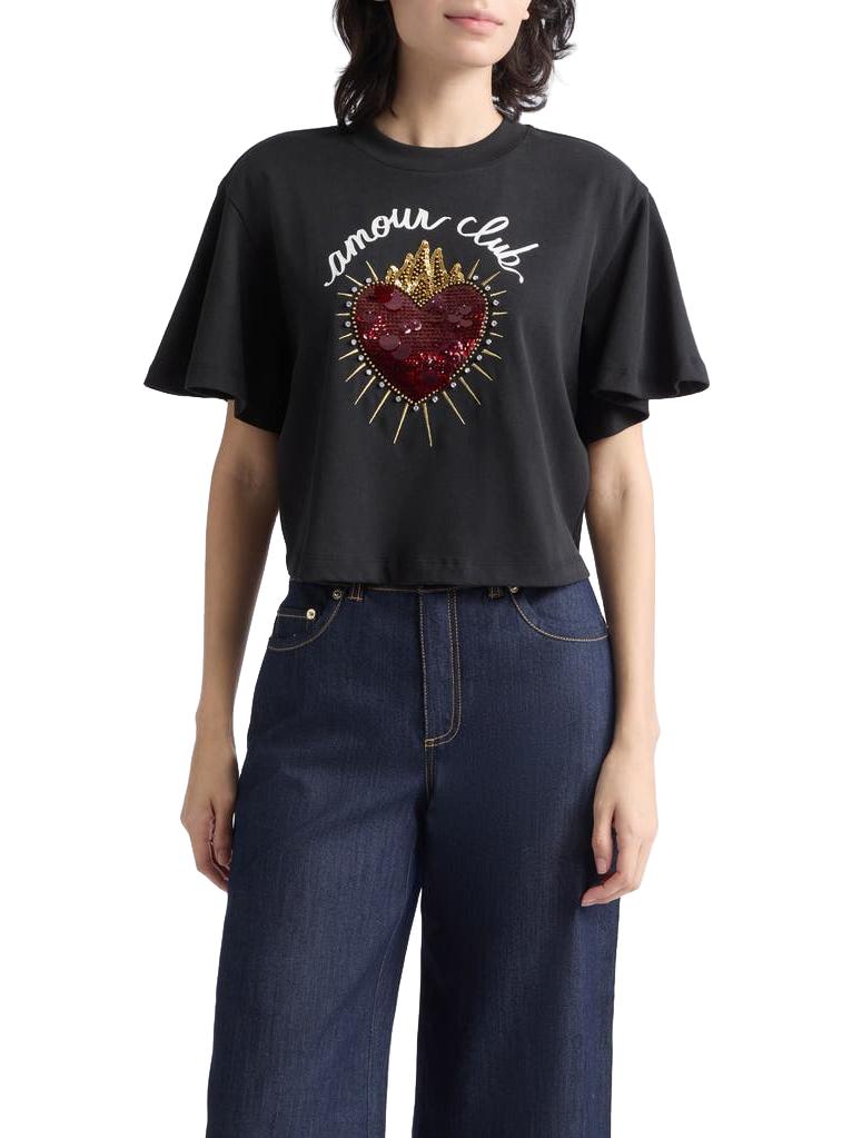 CINQ À SEPT Cinq à Sept Orsa Flutter Sleeve Sequined Heart Graphic T-Shirt