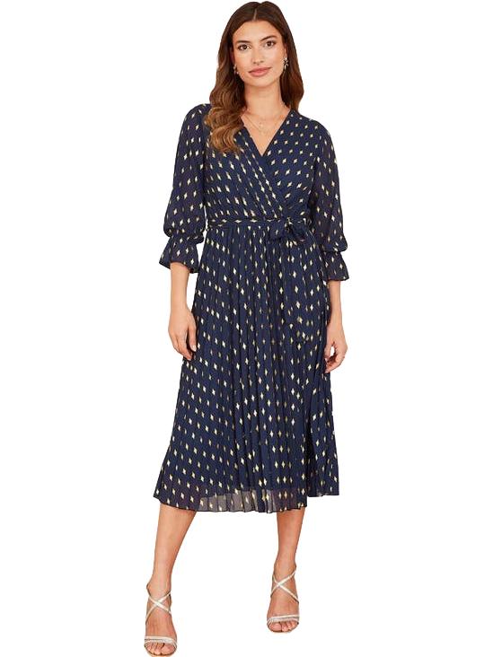 YUMI Yumi Wrap Foil Pleated Midi Dress