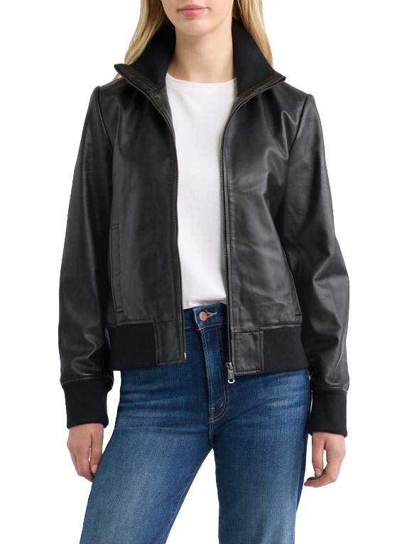 BERNARDO Bernardo Leather Jacket with Knit Collar