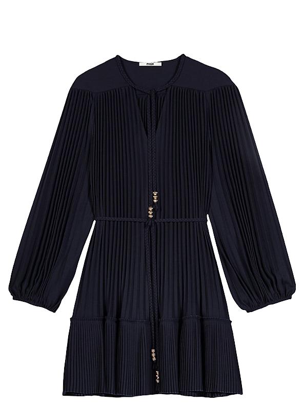 MAJE MAJE Pleated Blouson Sleeve V-Neck Mini Dress