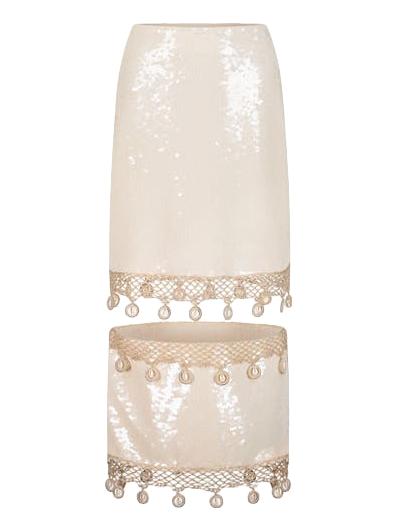 UCHÈ Floating Sequin Midi Skirt with Cowrie Shell Embellishments