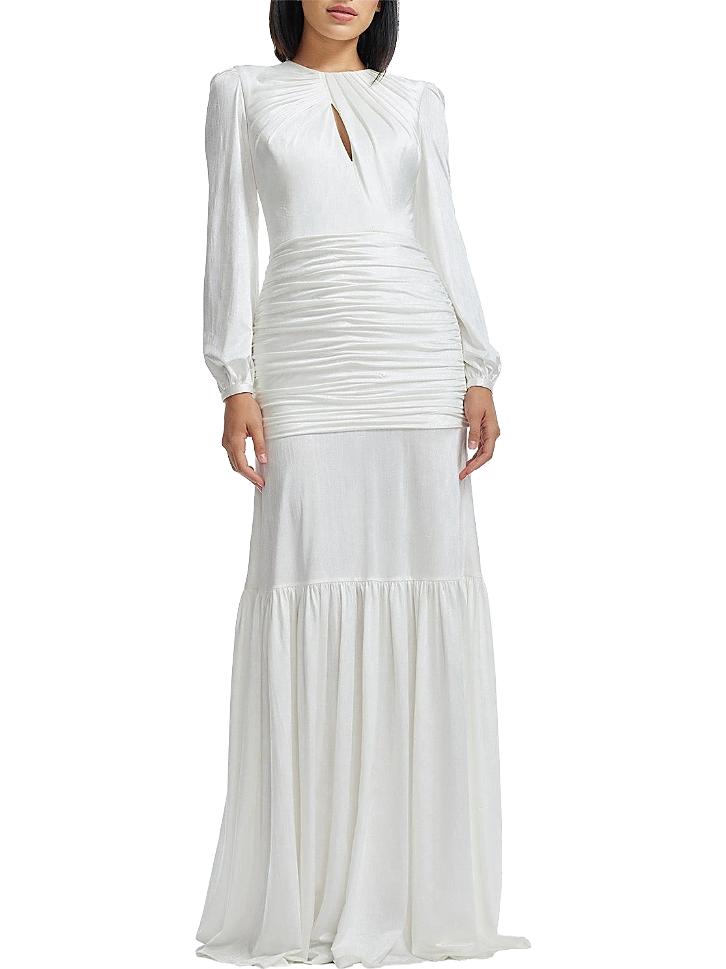 DRESS THE POPULATION Dress The Population Lucille Long Sleeve Keyhole Neck Ruched Tiered Gown