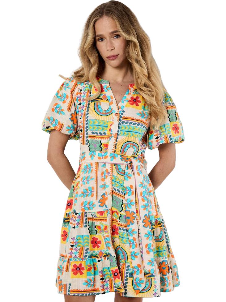 APRICOT Apricot Tropical Print Puff Sleeve Mini Dress