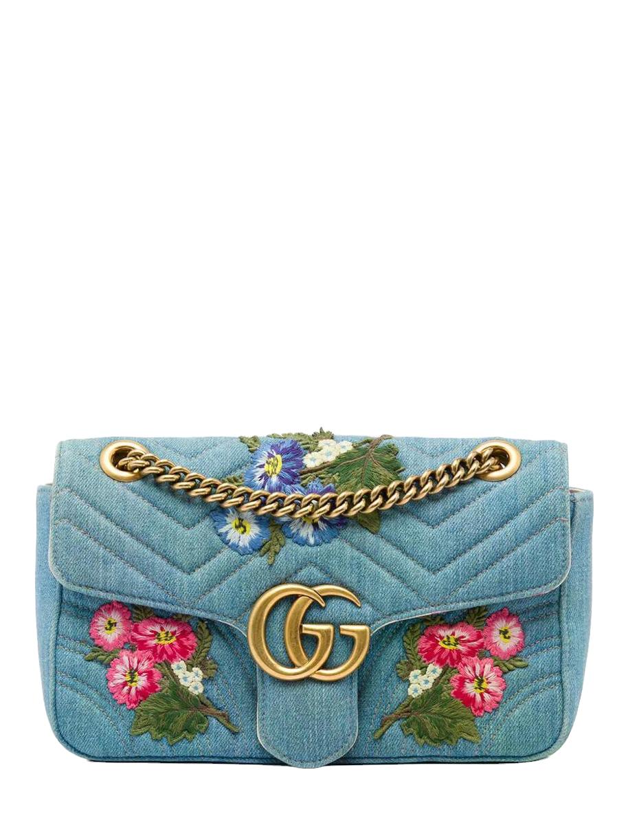 GUCCI 2016-2026 medium gg marmont matelasse denim floral embroidered shoulder bag