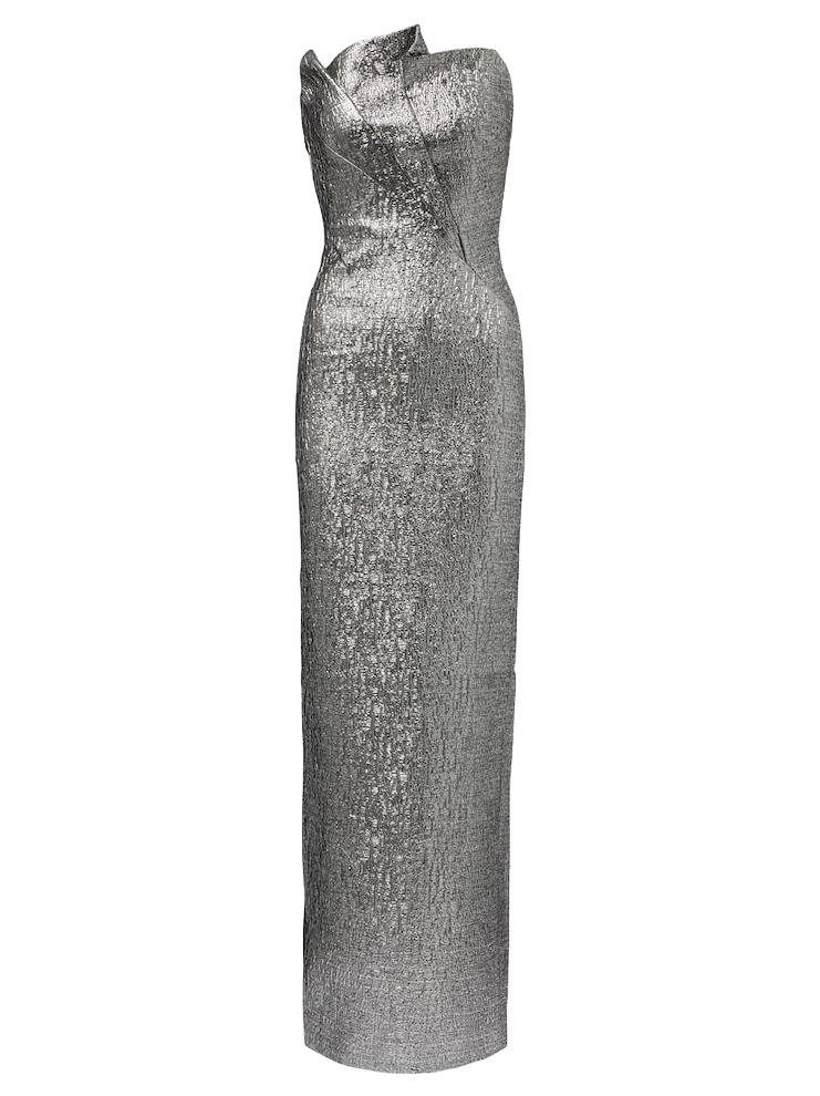 ROLAND MOURET pleated lamé jacquard bustier gown