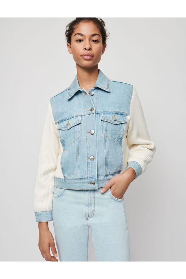 Maje Mixed Material Knit And Denim Jacket In Blue - 40% Off | Editorialist