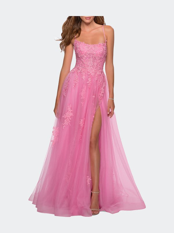 La Femme Aline Tulle Gown With Floral Embroidery And Pockets Pink