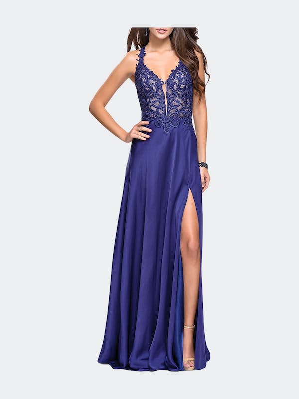 La Femme Beaded And Embroidered Lace Prom Dress With Slit Blue