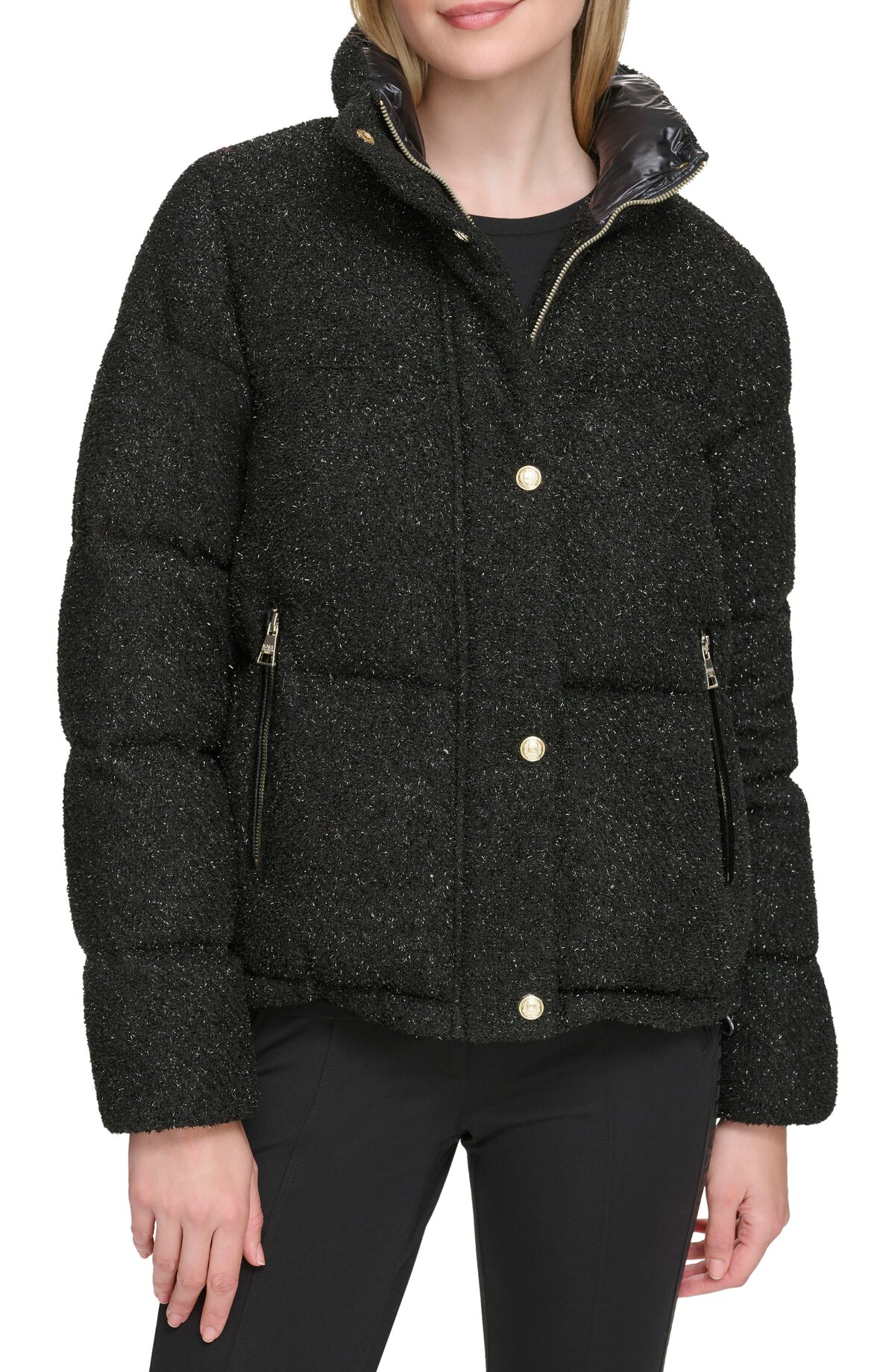 Karl Lagerfeld Paris Sparkle Down & Feather Fill Puffer Jacket - Black ...