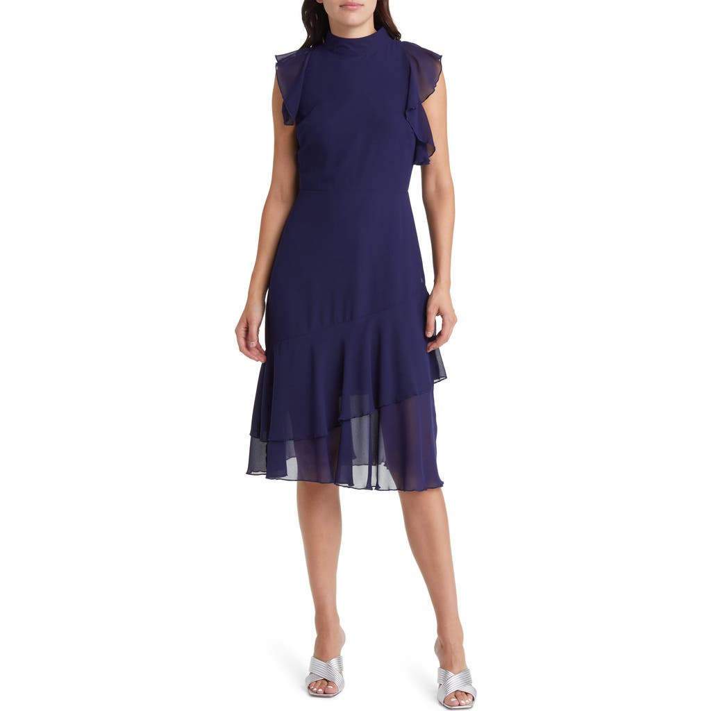 Sam Edelman Ruffle Mock Neck Midi Dress - Navy | Editorialist