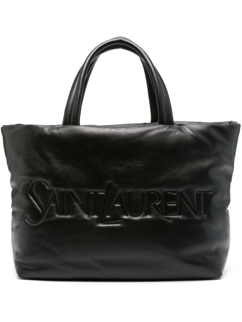 Saint Laurent Men 'Bold' Black Tote Bag With Embossed Logo In Coated Crinkled Leather Man