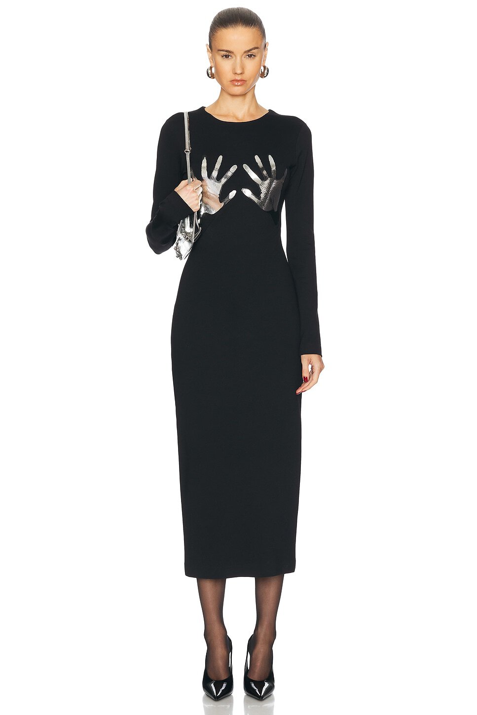 Printed Notched Long Sleeve Midi Dress