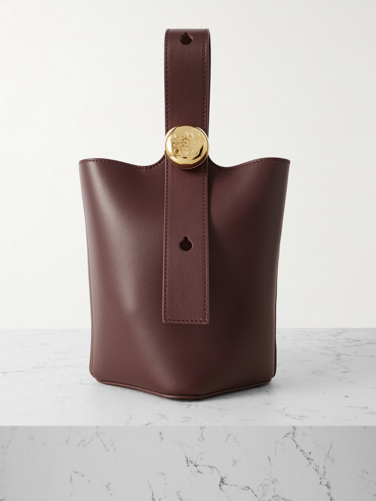 Loewe Pebble Mini Leather Bucket Bag - Burgundy | Editorialist