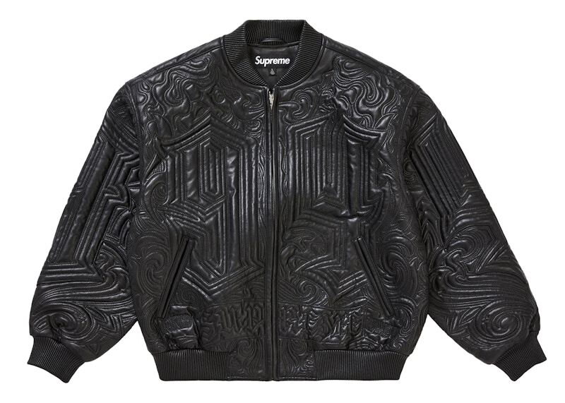 Supreme Mister Cartoon Embroidered Leather Jacket - Black 