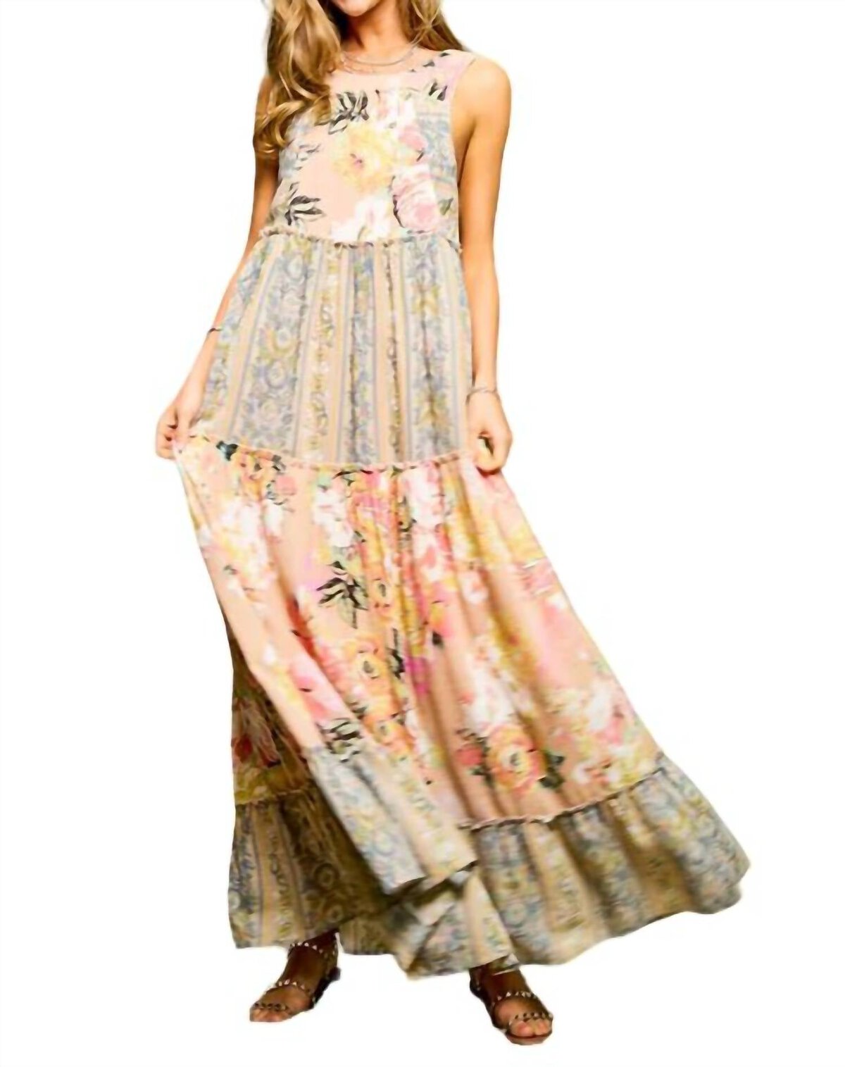 Davi & Dani Multi Floral Square Neck Puff Sleeve Maxi Dress