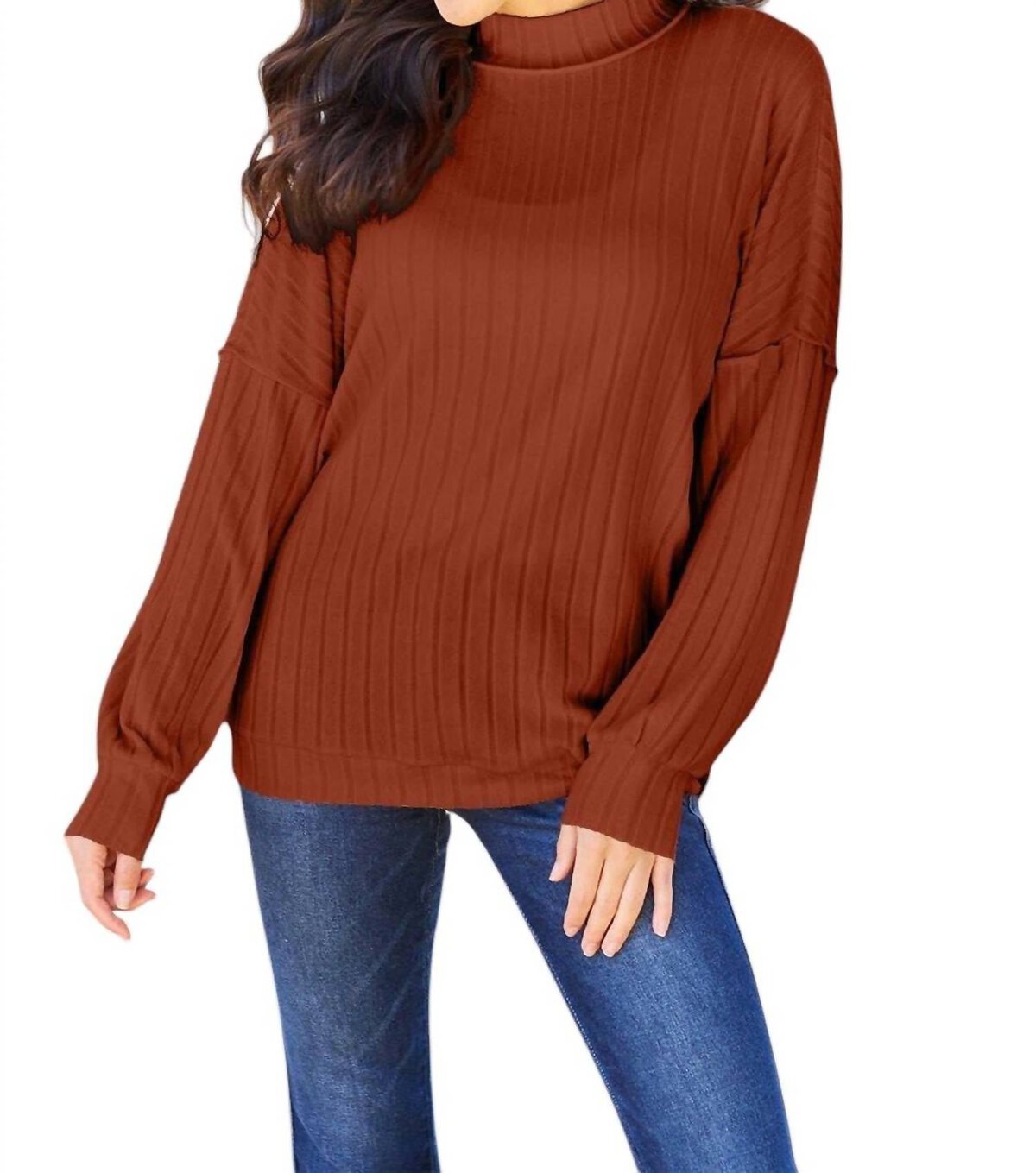 Basic Bae Sleek Ribbed Mock Neck Knit Top In Brick In Red - 2% Off ...