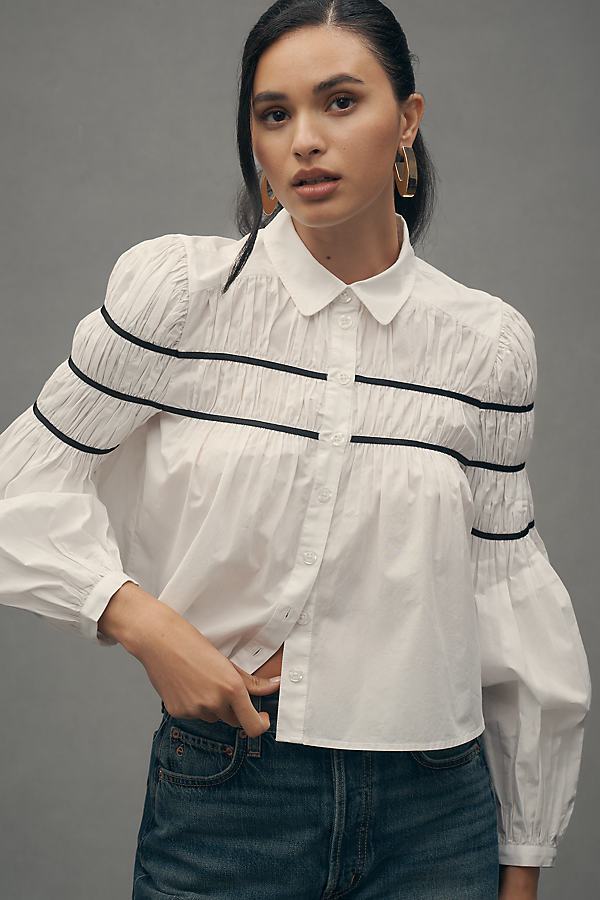 Maeve Shirred Yoke Bow Blouse - White | Editorialist