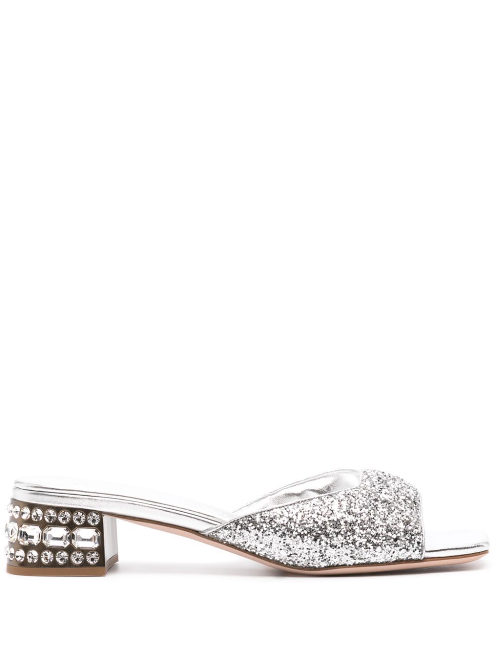 Miu Miu Crystal-Embellished Glitter Mules - Silver | Editorialist