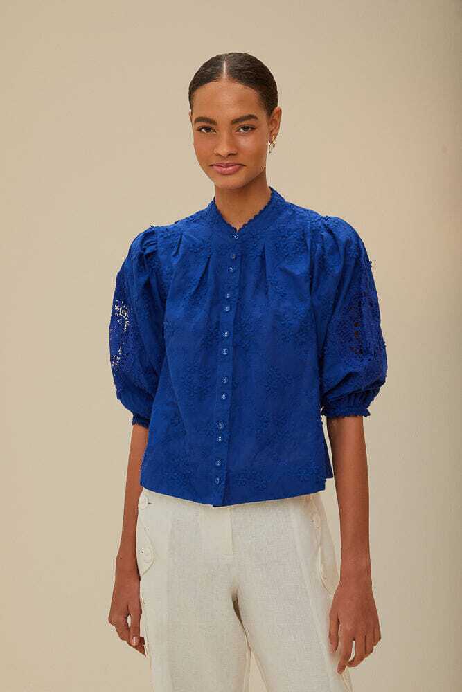 Farm Rio Blue Navy 3d Flower Blouse In Navy Blue - 50% Off | Editorialist