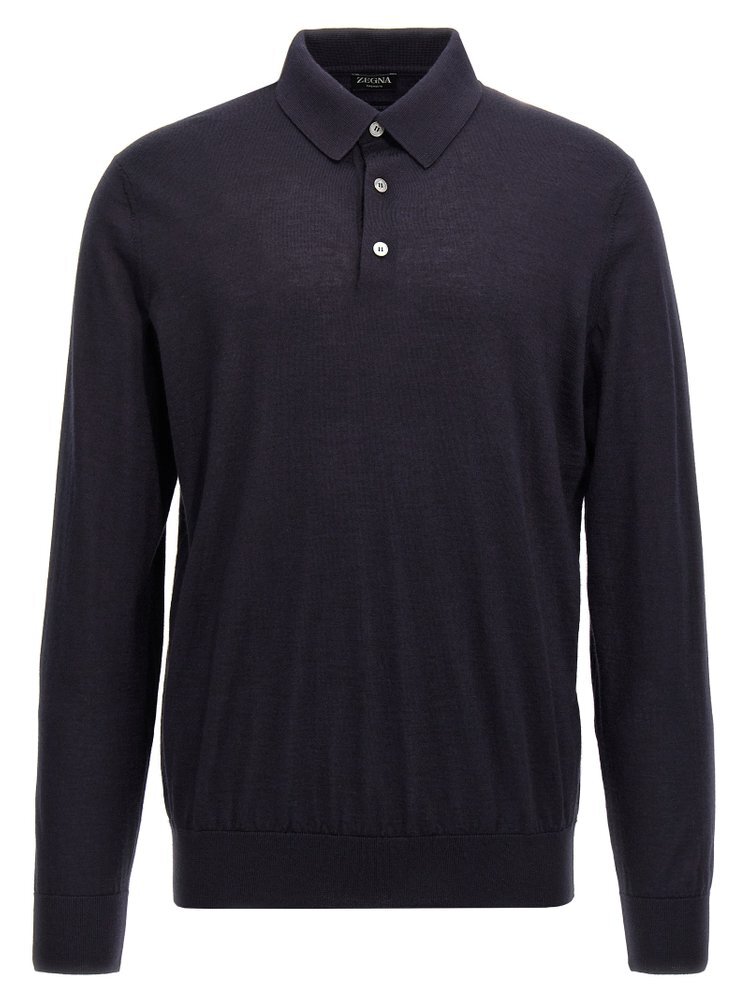 Zegna Long Sleeved Half-Button Polo Shirt - Blue | Editorialist