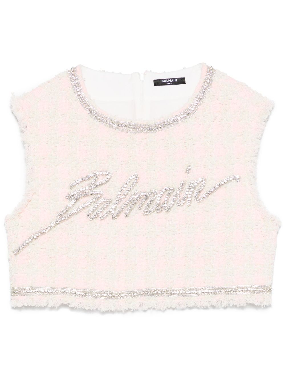 Balmain Logo Tweed Crop Top - Pink | Editorialist