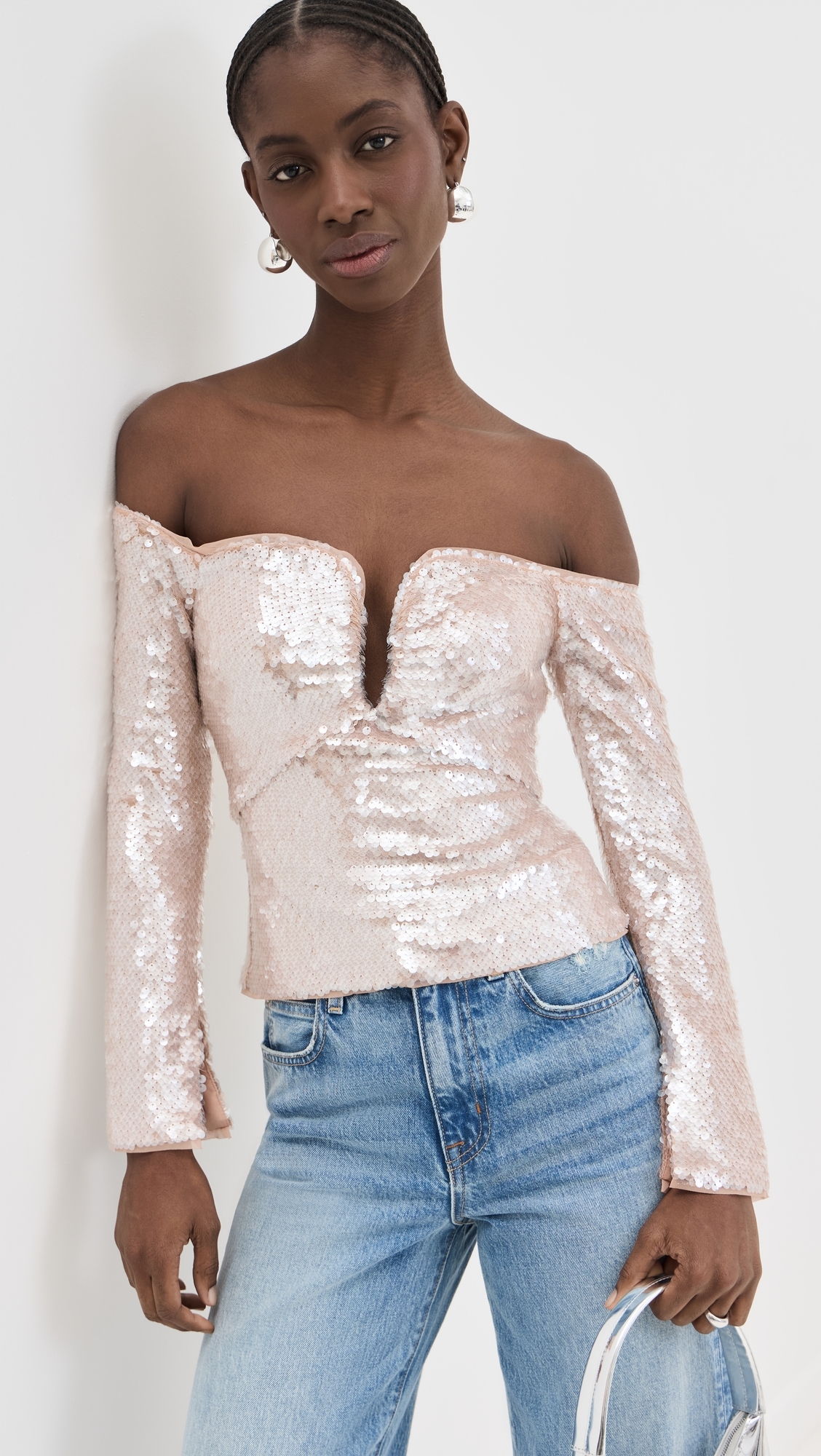 Self-Portrait Sequin Off-Shoulder Top In Beige 75% Off