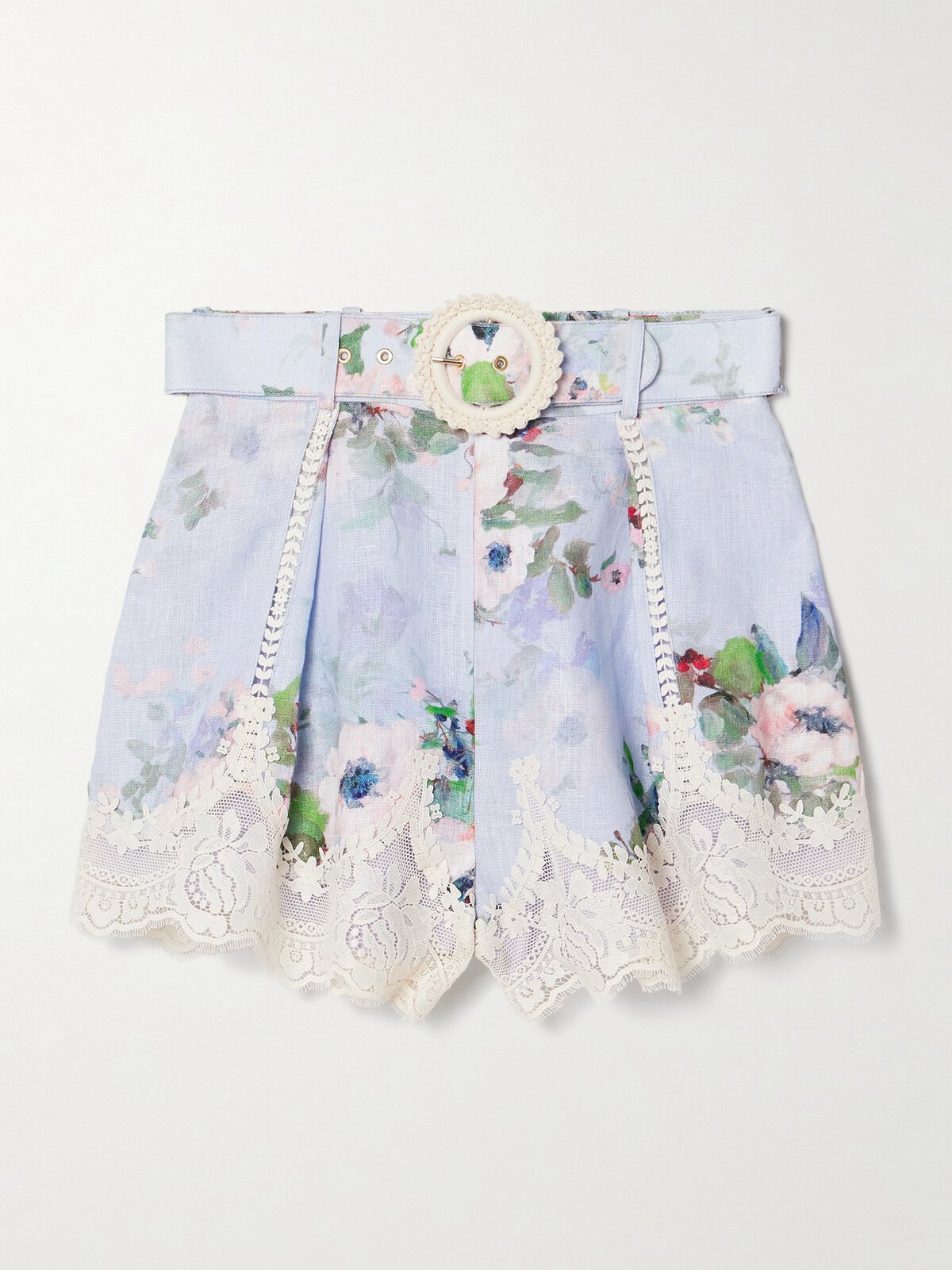 Zimmermann Everley Belted Pleated Lace-Trimmed Floral-Print Linen ...
