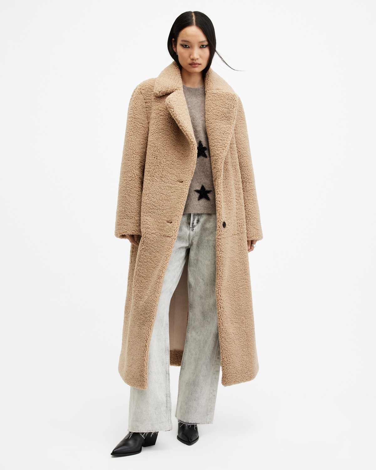 All Saints Freddie Faux Fur Reversible Coat - Caramel Brown | Editorialist